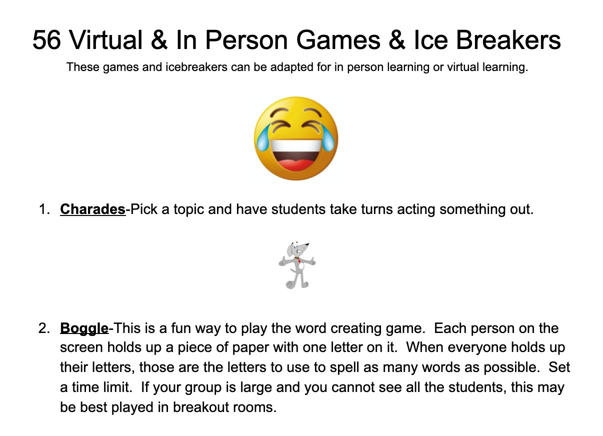 56 Virtual and In Person Games and Icebreakers by Teach Simple