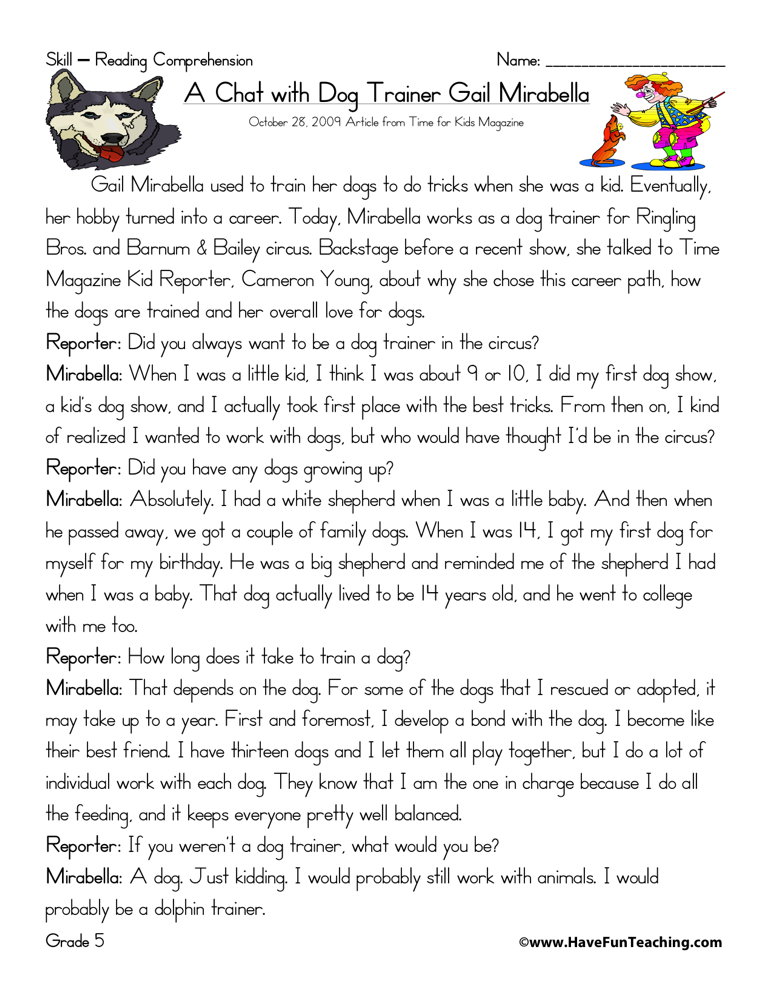 A Chat with a Dog Trainer Reading Comprehension Worksheet by Teach Simple