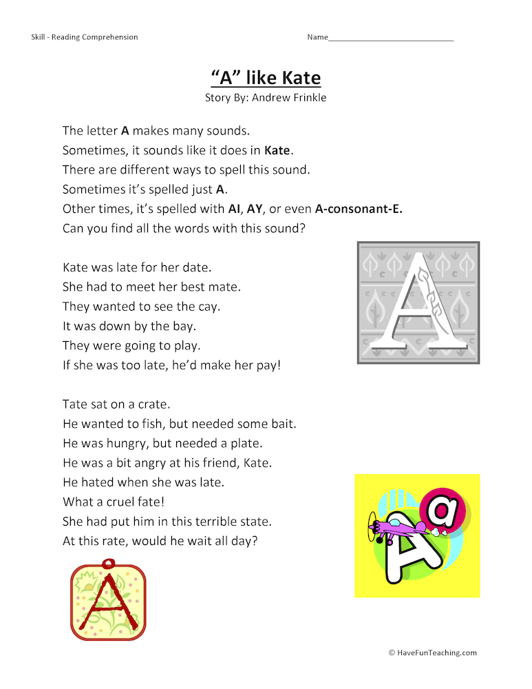 A Like Kate Reading Comprehension Worksheet by Teach Simple