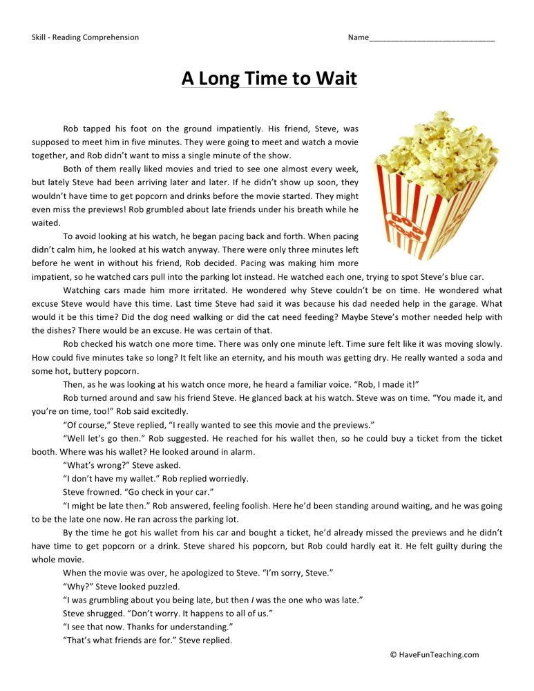 A Long Time to Wait Reading Comprehension Worksheet by Teach Simple