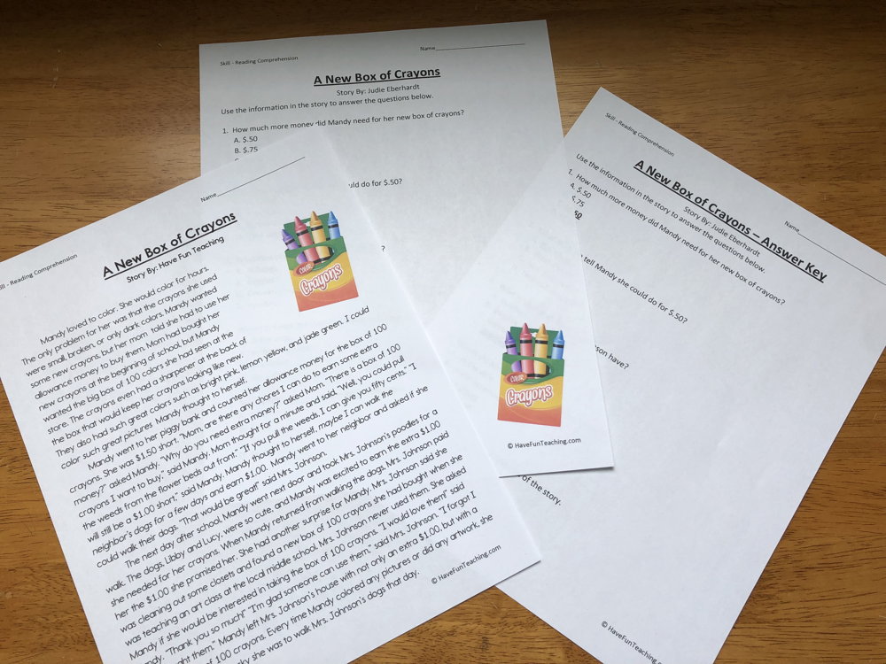 A New Box of Crayons Reading Comprehension Worksheet by Teach Simple