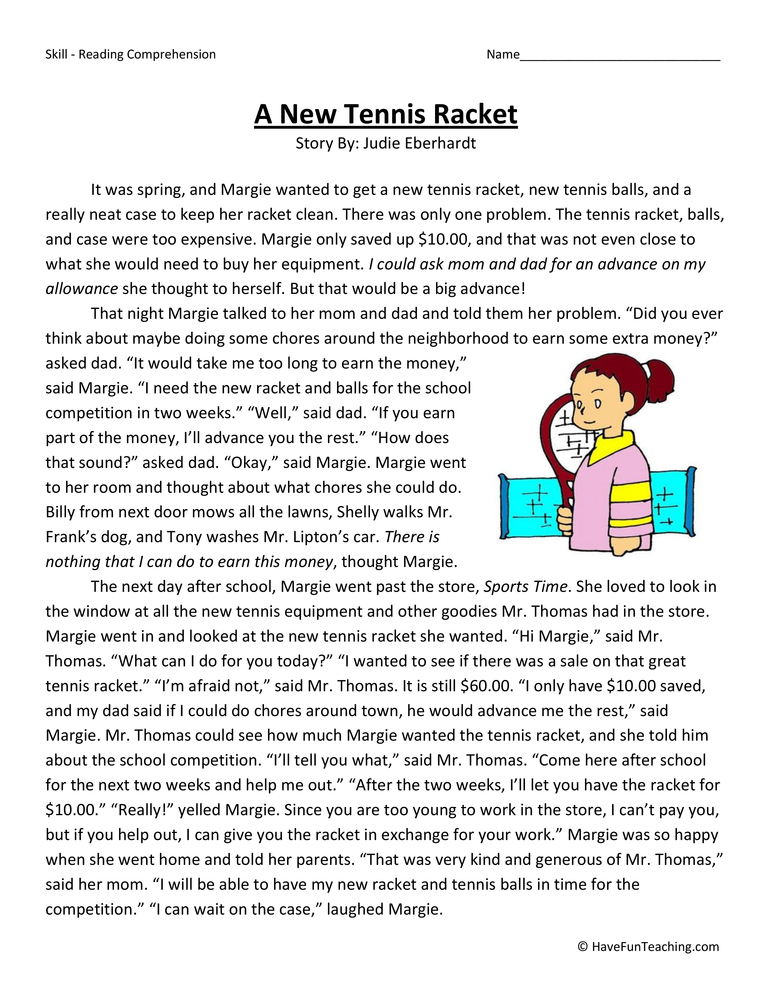 A New Tennis Racket Reading Comprehension Worksheet by Teach Simple