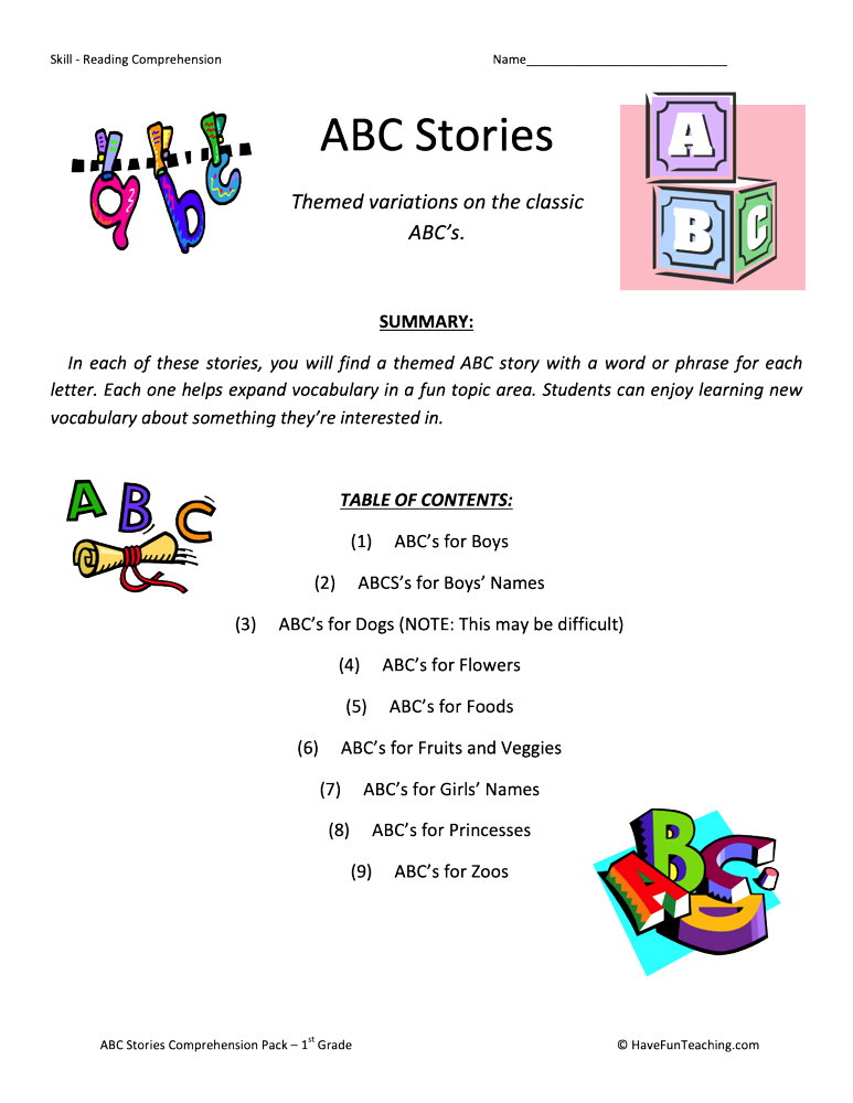 ABC Stories Reading Comprehension Test Collection by Teach Simple