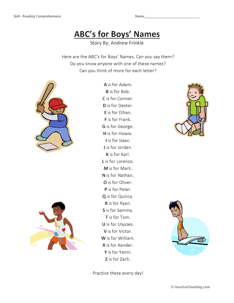 ABCs for Boys' Names Reading Comprehension Worksheet by Teach Simple