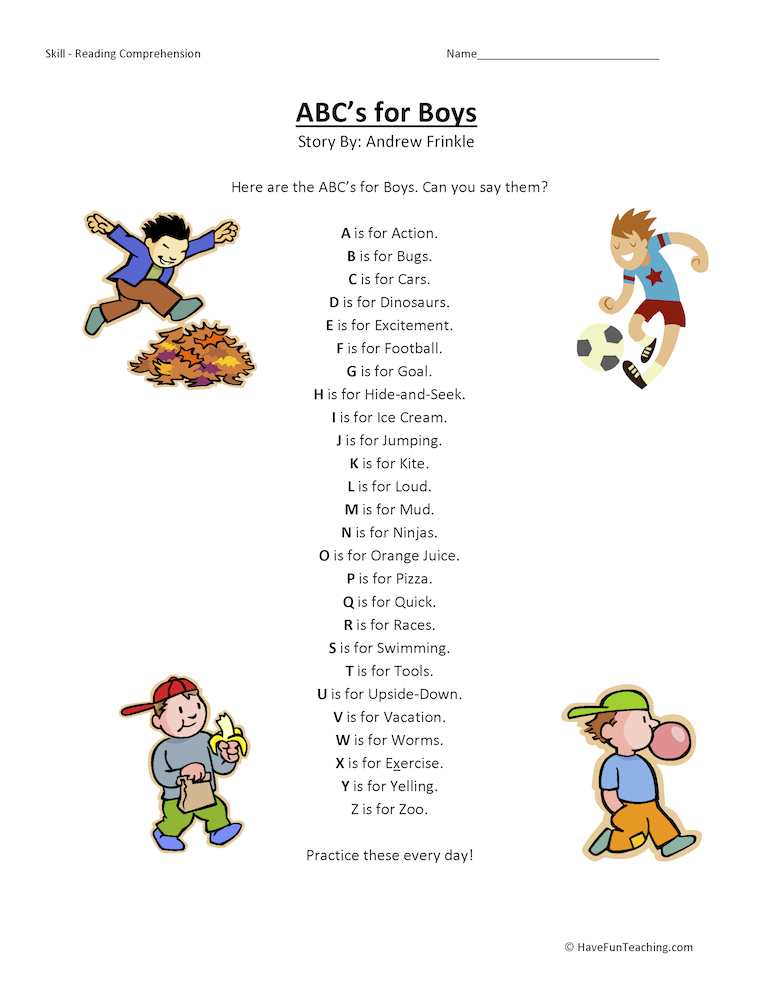 ABCs for Boys Reading Comprehension Worksheet by Teach Simple