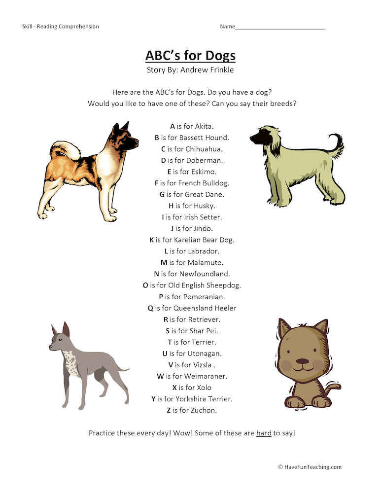ABCs for Dogs Reading Comprehension Worksheet by Teach Simple