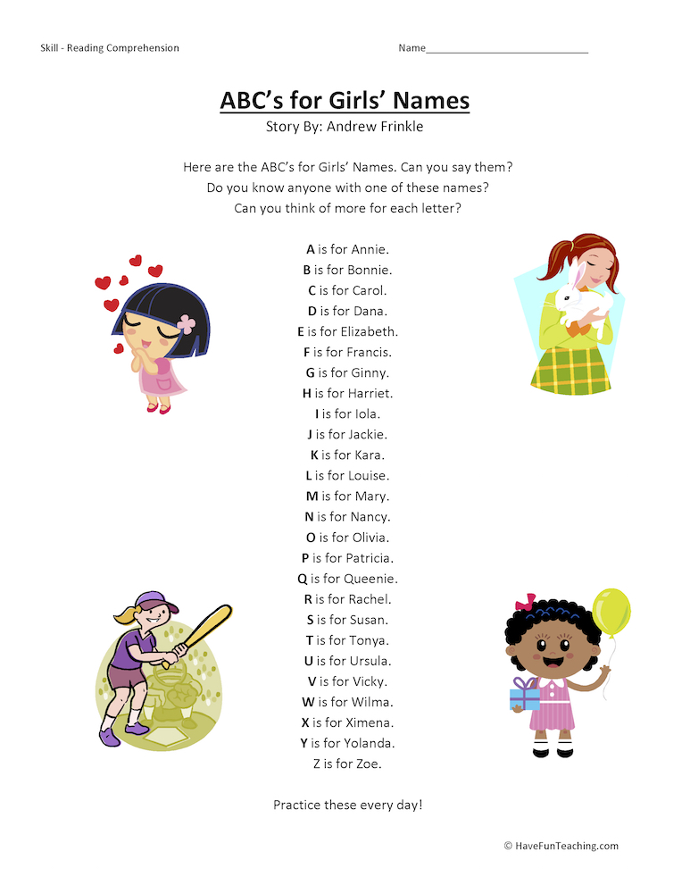 ABCs for Girls Names Reading Comprehension Worksheet by Teach Simple