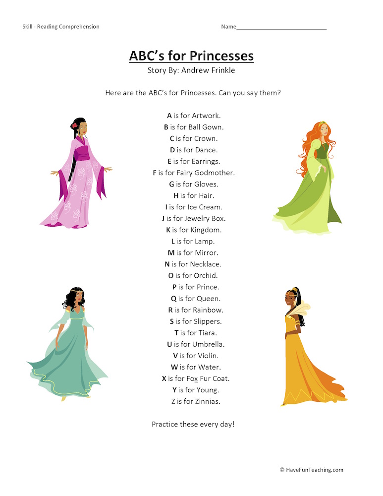 ABCs for Princesses Reading Comprehension Worksheet by Teach Simple