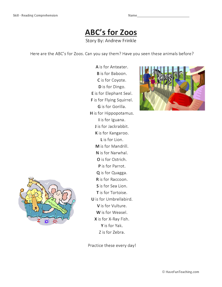 ABCs for Zoos Reading Comprehension Worksheet by Teach Simple