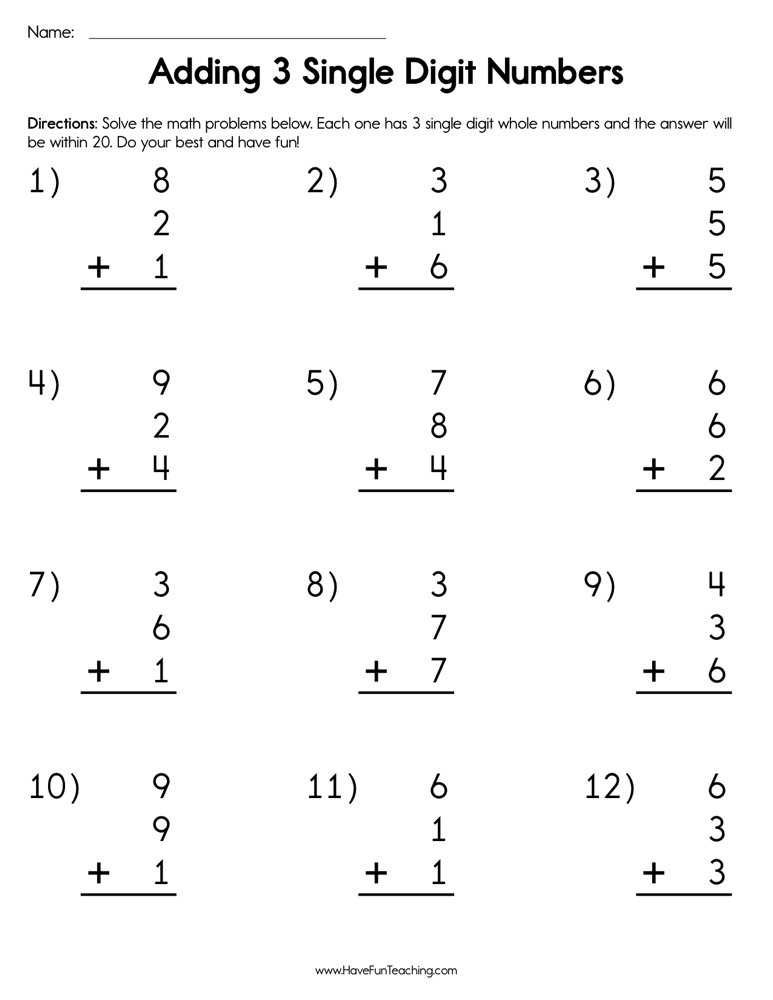 Adding 3 Single Digit Number Worksheet By Teach Simple