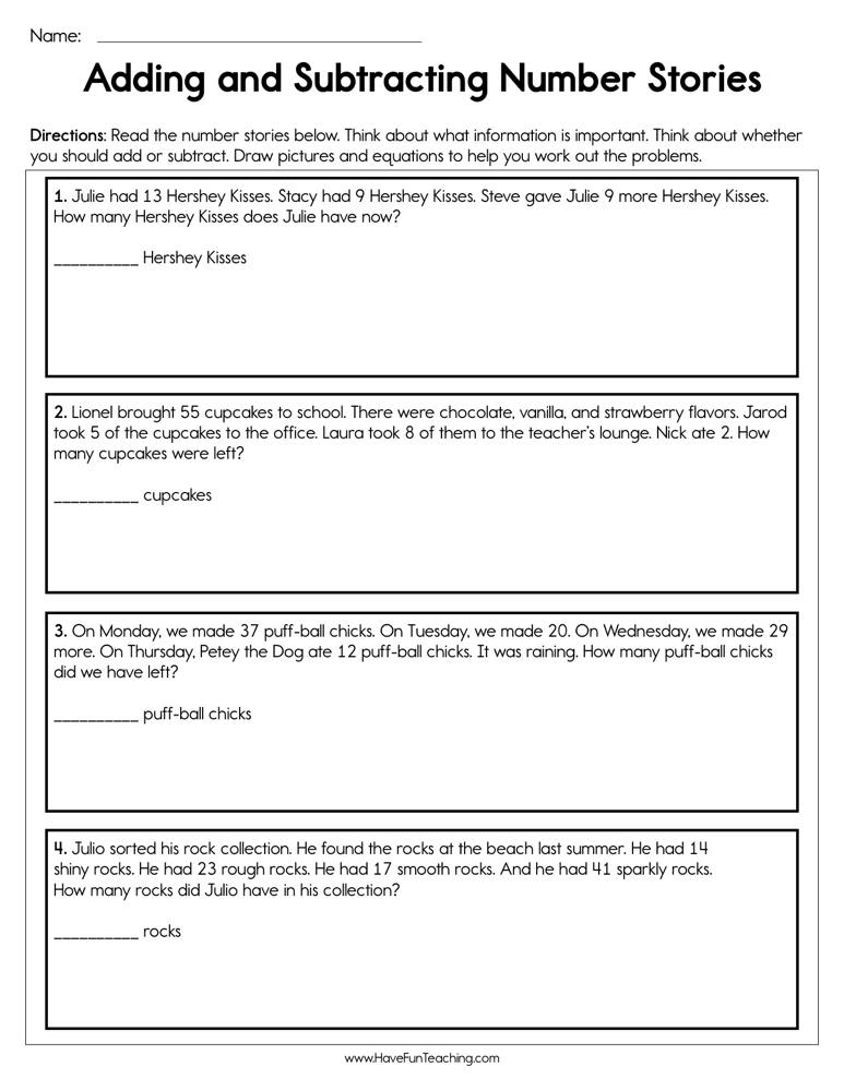Adding and Subtracting Number Stories Worksheet by Teach Simple