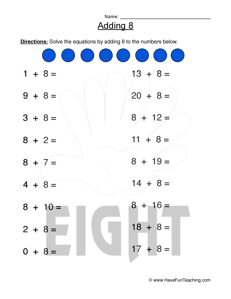 Adding Eight Equations Worksheet by Teach Simple