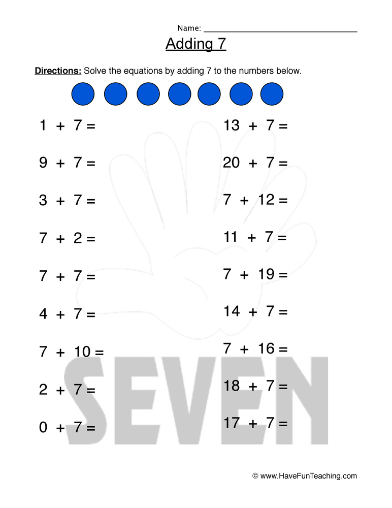 Adding Seven Equations Worksheet by Teach Simple
