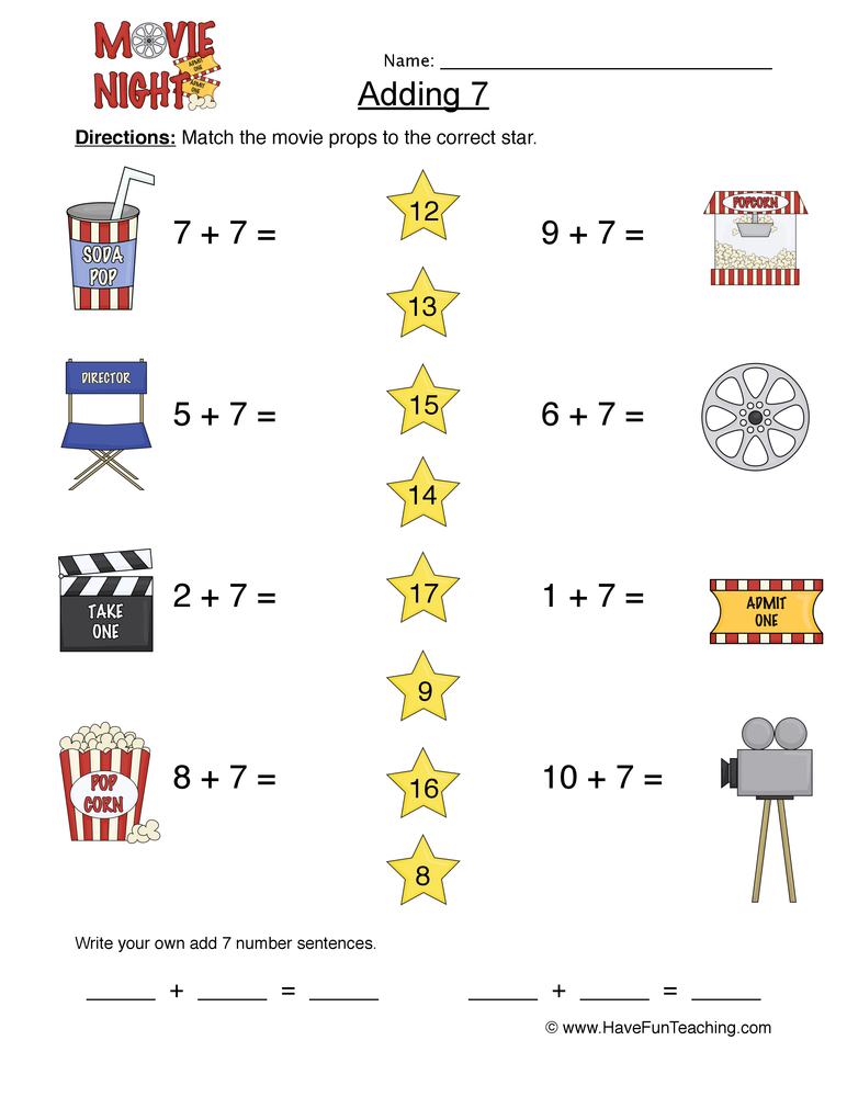 Adding Seven Matching Worksheet by Teach Simple