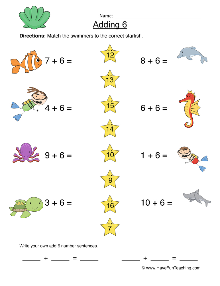 Adding Six Matching Worksheet by Teach Simple