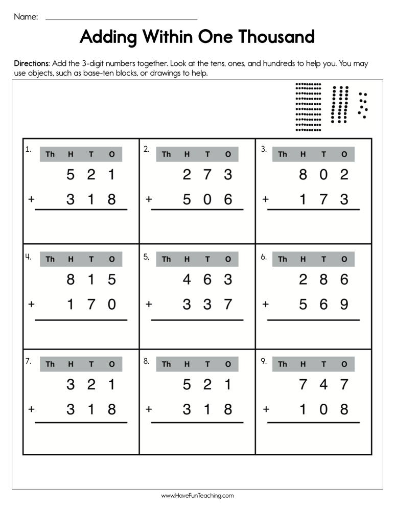 Adding to One Thousand Worksheet by Teach Simple