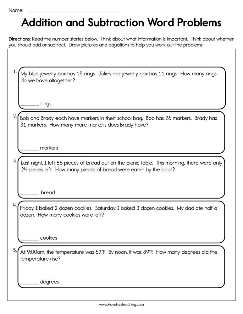 Addition And Subtraction Word Problems Worksheet By Teach Simple