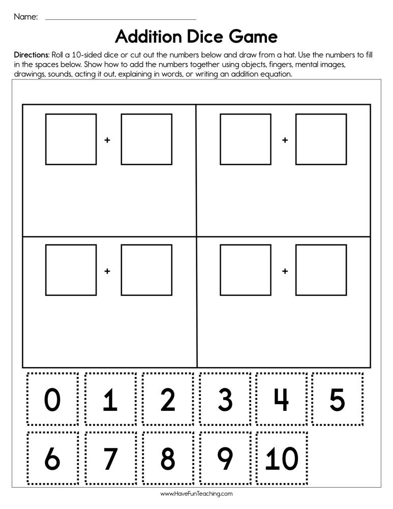 Addition Dice Game Worksheet by Teach Simple