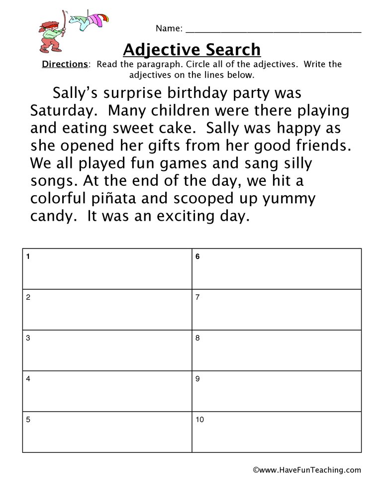 Adjective Birthday Party Worksheet by Teach Simple