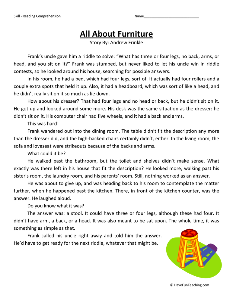 All About Furniture Reading Comprehension Worksheet by Teach Simple