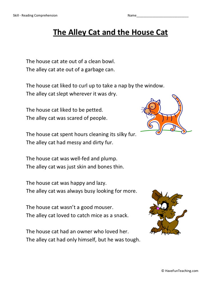 Alley Cat and House Cat Reading Comprehension Worksheet by Teach Simple