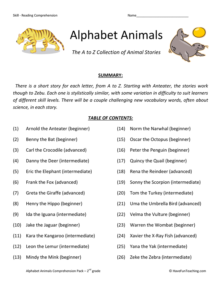 Alphabet Animals Reading Comprehension Test Collection by Teach Simple