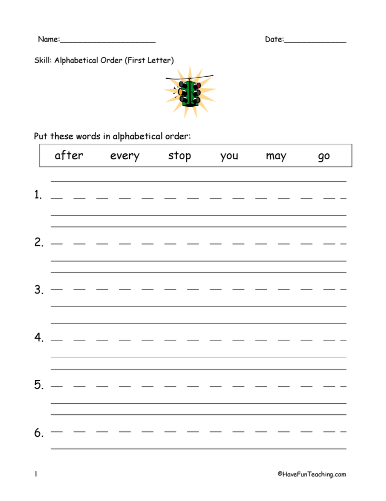 Alphabetical Order To The First Letter Worksheet by Teach Simple
