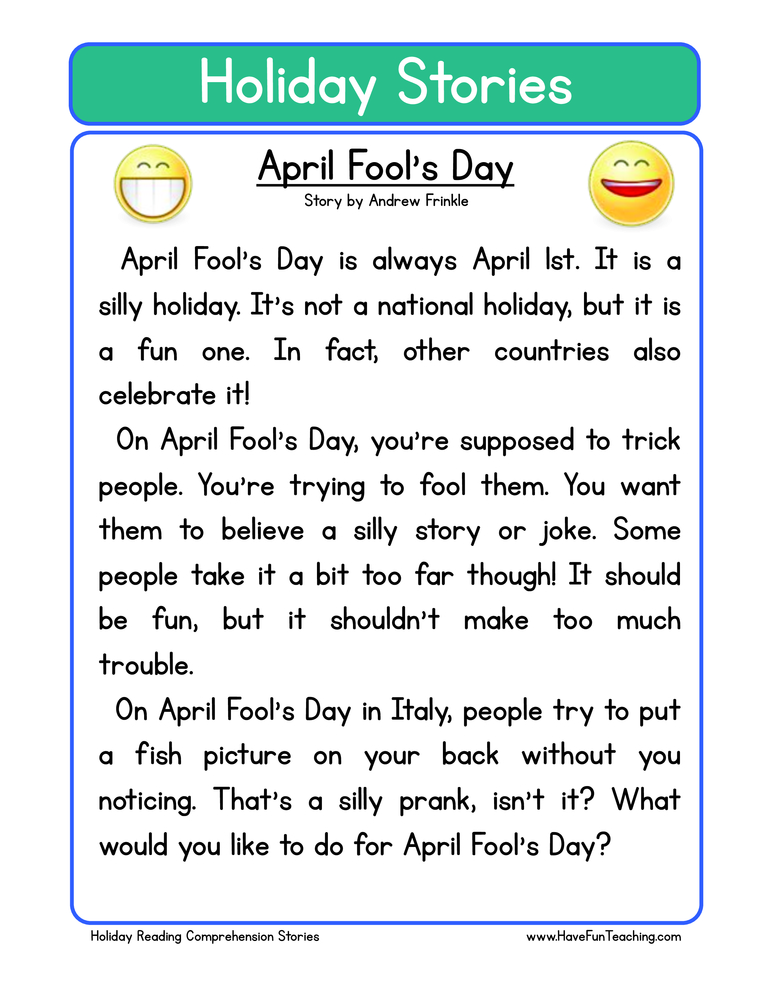 April Fools Day Reading Comprehension Worksheet by Teach Simple