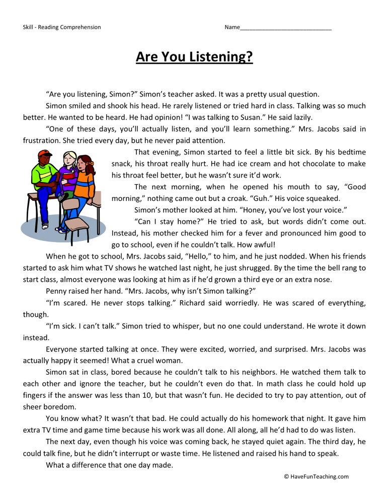 Are You Listening Reading Comprehension Worksheet By Teach Simple Are You Listening Reading Comprehension Worksheet By Teach Simple