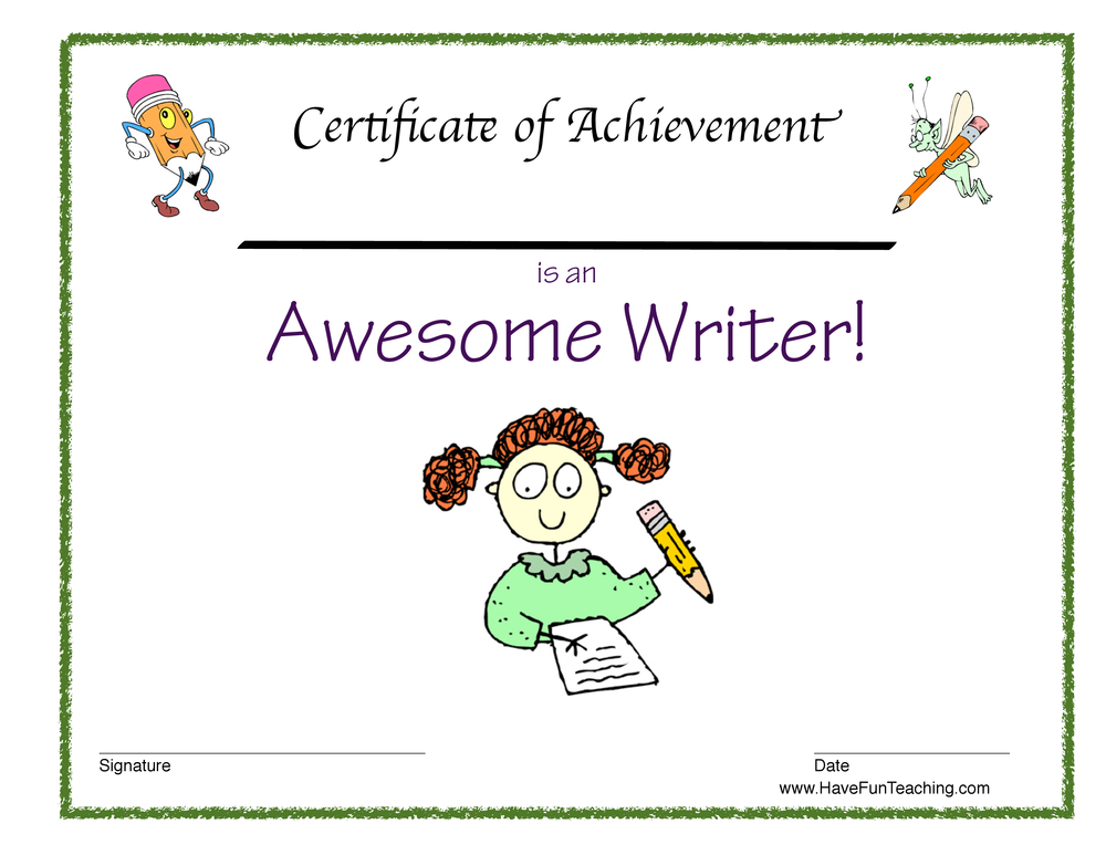 Awesome Writer Reward Certificate for Girls by Teach Simple