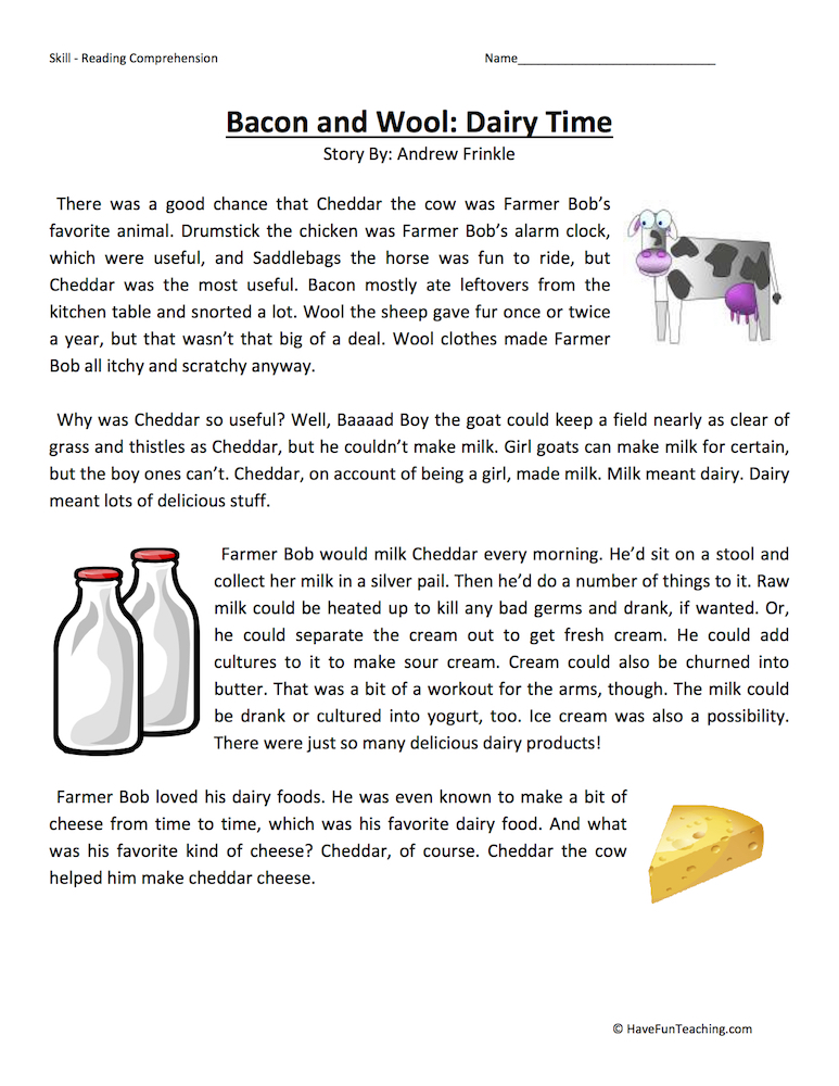 Bacon and Wool: Dairy Time - Reading Comprehension Worksheet by Teach ...