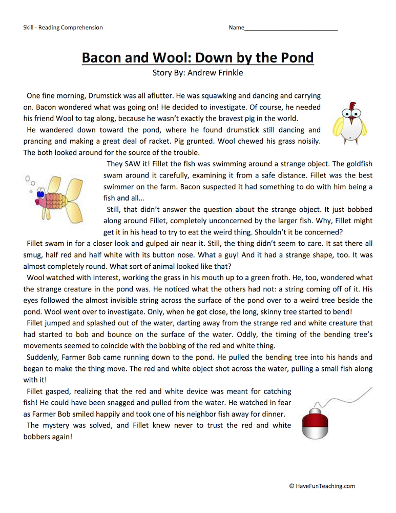Bacon and Wool: Down by the Pond - Reading Comprehension Worksheet by ...
