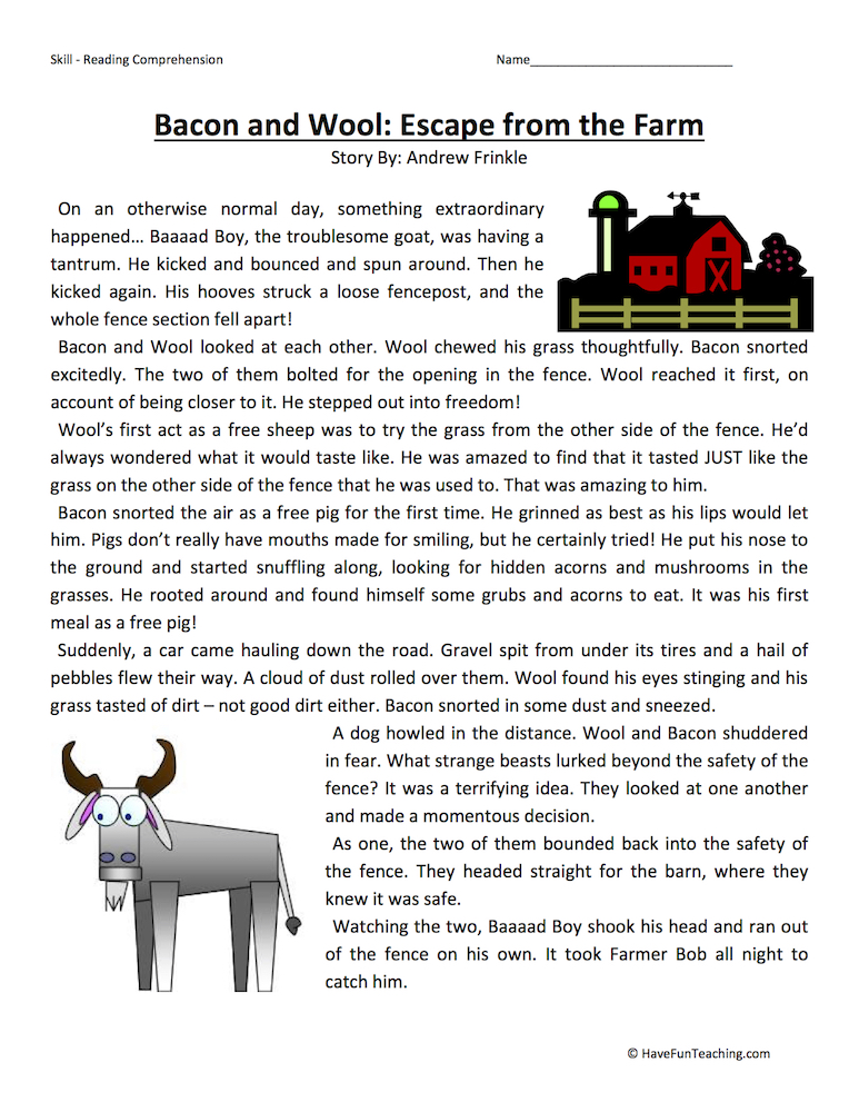 Bacon and Wool: Escape from the Farm - Reading Comprehension Worksheet ...