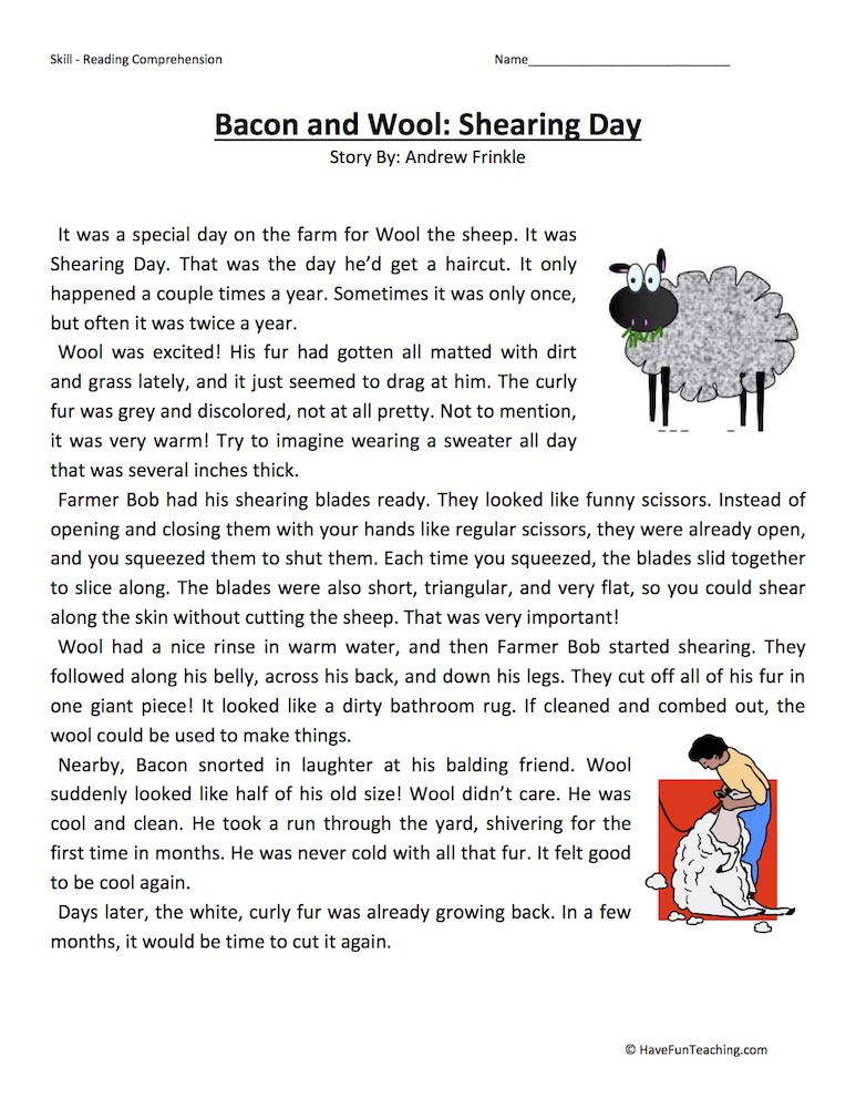 Bacon and Wool: Shearing Day - Reading Comprehension Worksheet by Teach ...