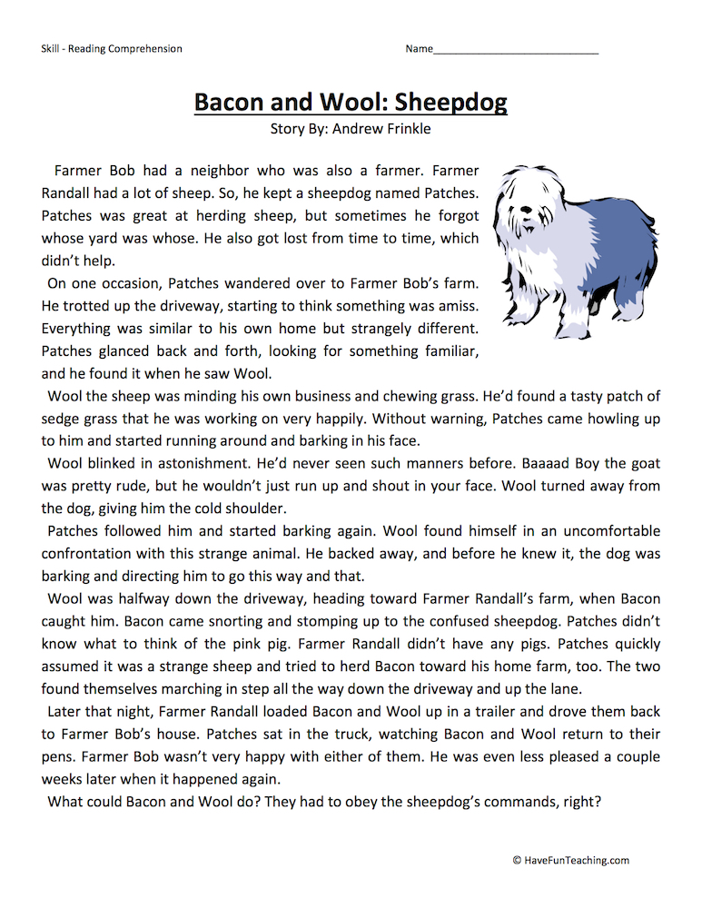 Bacon and Wool: Sheepdog - Reading Comprehension Worksheet by Teach Simple
