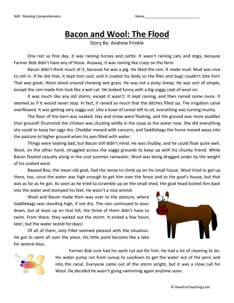 Bacon and Wool: The Flood - Reading Comprehension Worksheet by Teach Simple