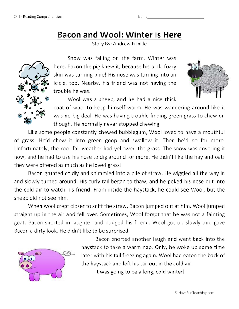 Bacon and Wool: Winter is Here - Reading Comprehension Worksheet by ...