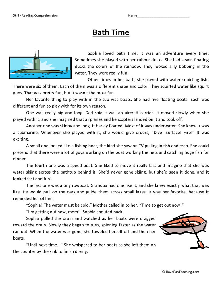 Bath Time Reading Comprehension Worksheet by Teach Simple