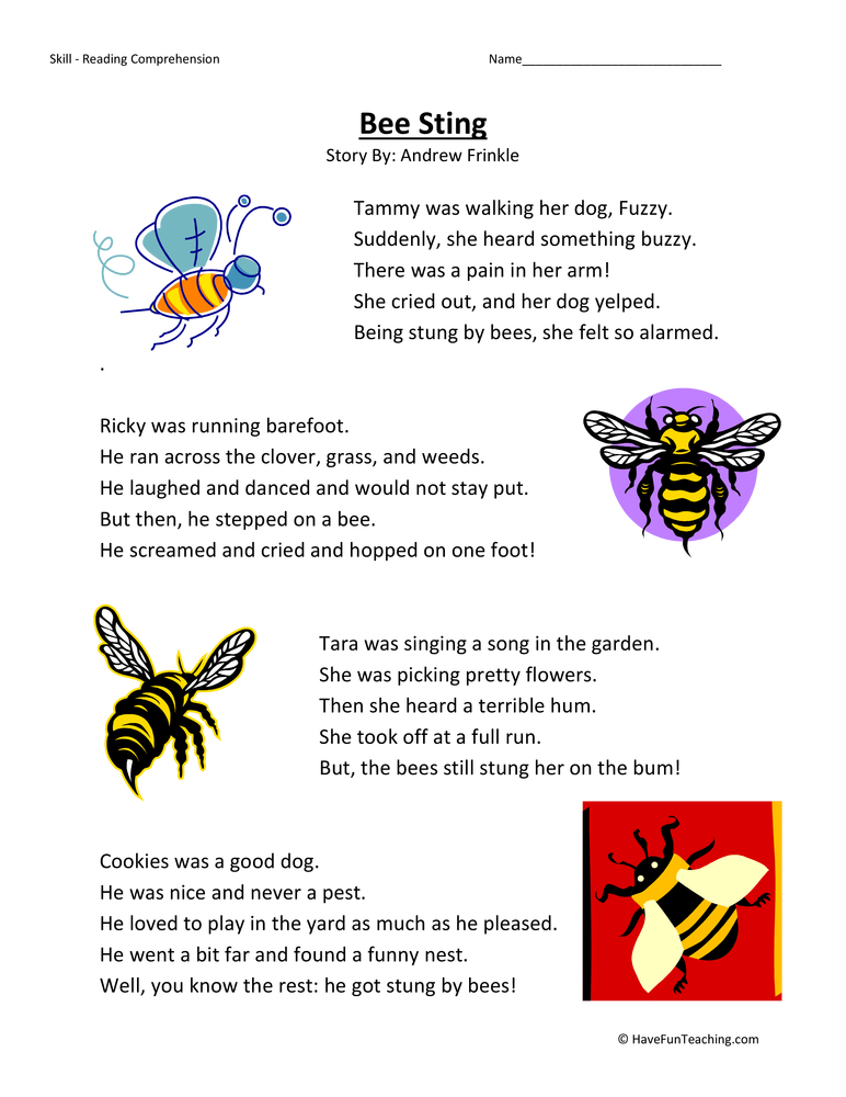 Bee Sting - Reading Comprehension Worksheet by Teach Simple