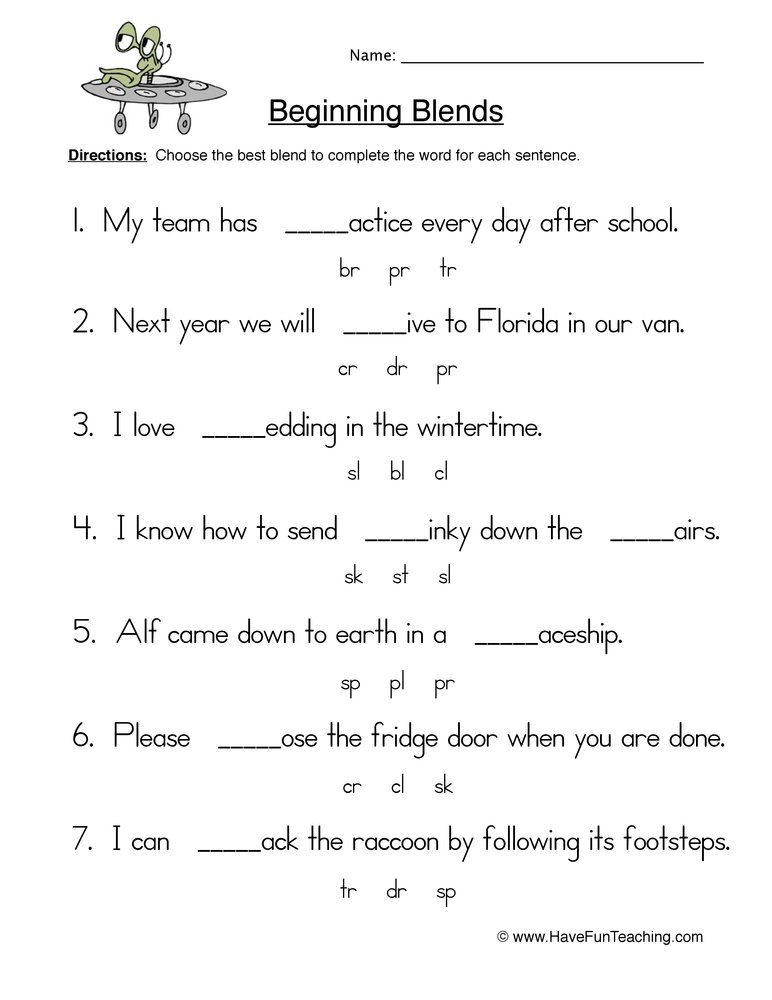 Beginning Blends Fill In The Blank Worksheet By Teach Simple