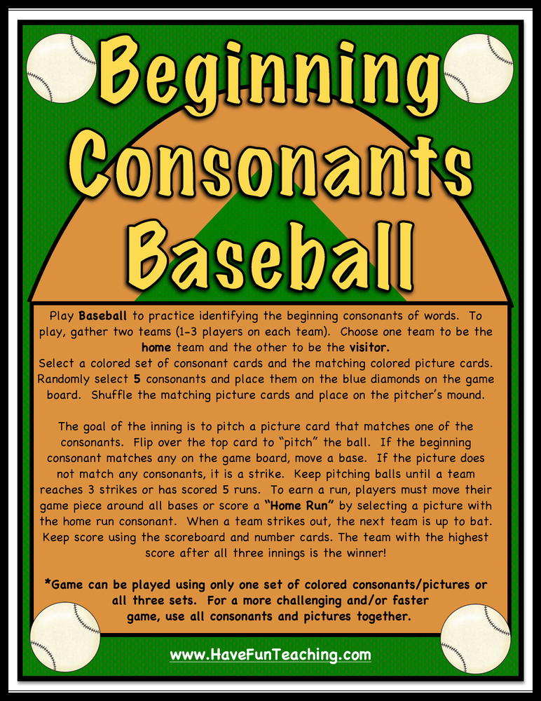 Beginning Consonants Baseball Activity by Teach Simple