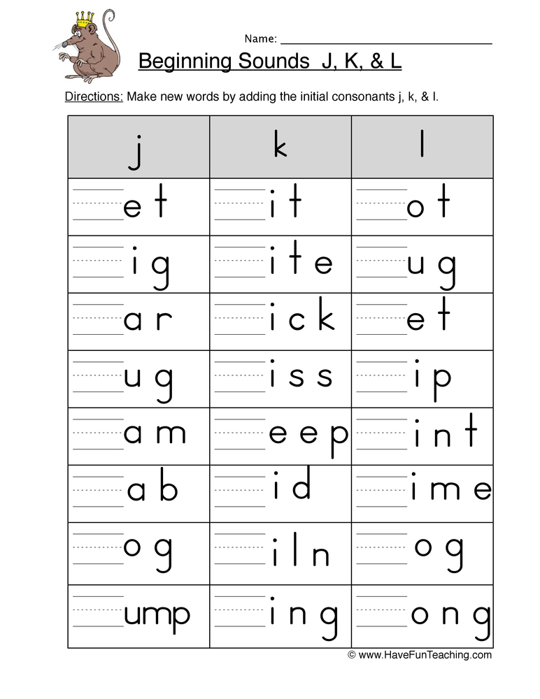 Beginning Sounds J K L Worksheet by Teach Simple