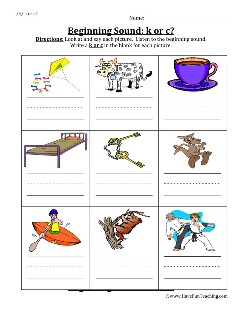 Beginning Sounds K, C Worksheet by Teach Simple