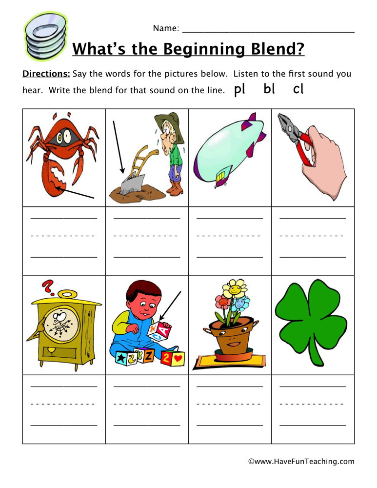 Beginning Sounds PL, BL, CL Worksheet by Teach Simple