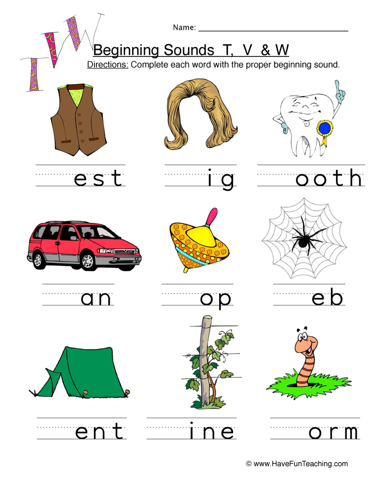 Beginning Sounds T V W Pictures Worksheet by Teach Simple
