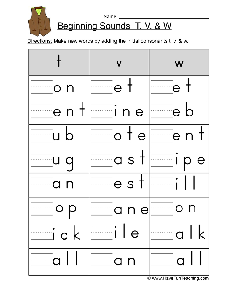 Beginning Sounds T V W Worksheet by Teach Simple
