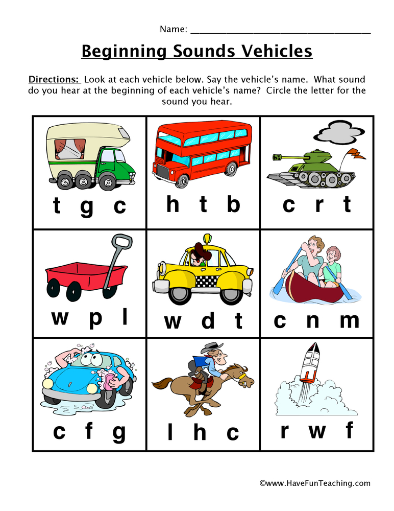 Beginning Sounds Vehicles Worksheet by Teach Simple