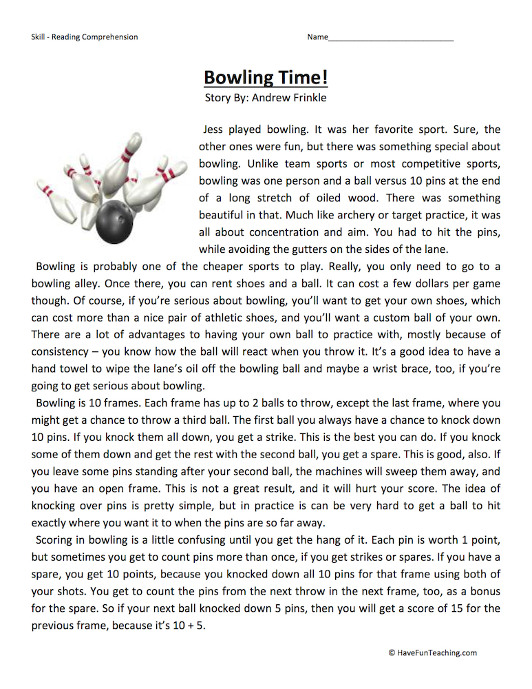 Bowling Time Reading Comprehension Worksheet by Teach Simple
