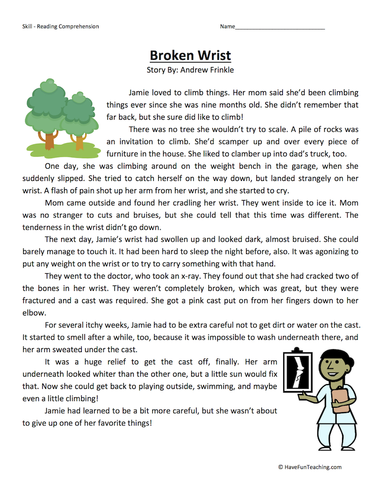 Broken Wrist - Reading Comprehension Worksheet by Teach Simple