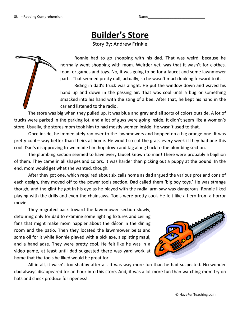 Builder's Store Reading Comprehension Worksheet by Teach Simple